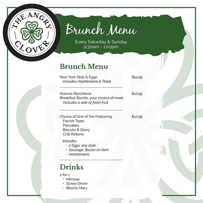 Menu - The Angry Clover | A Twist On The Traditional