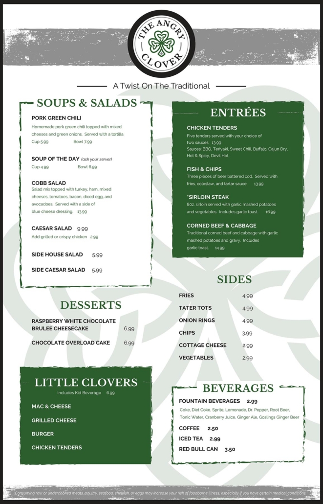 Menu - The Angry Clover | A Twist On The Traditional