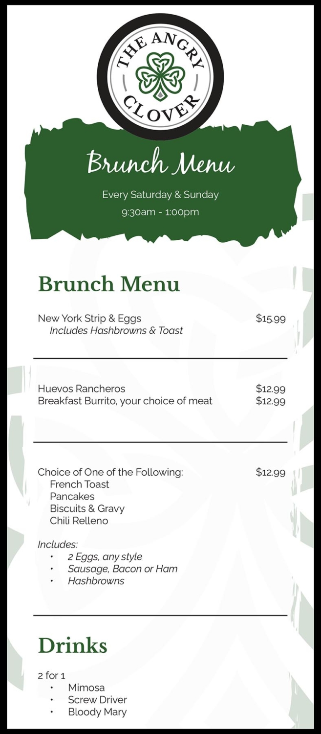 Menu - The Angry Clover | A Twist On The Traditional